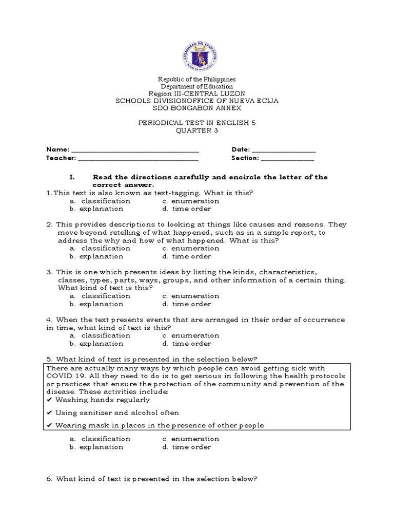 I. Read The Directions Carefully and Encircle The Letter of The Correct ...