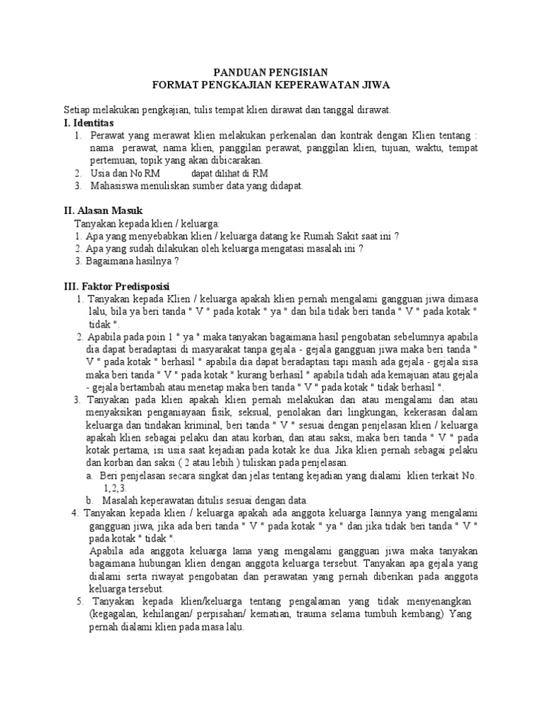 PANDUAN PENGISIAN Format Keperawatan Jiwa | PDF
