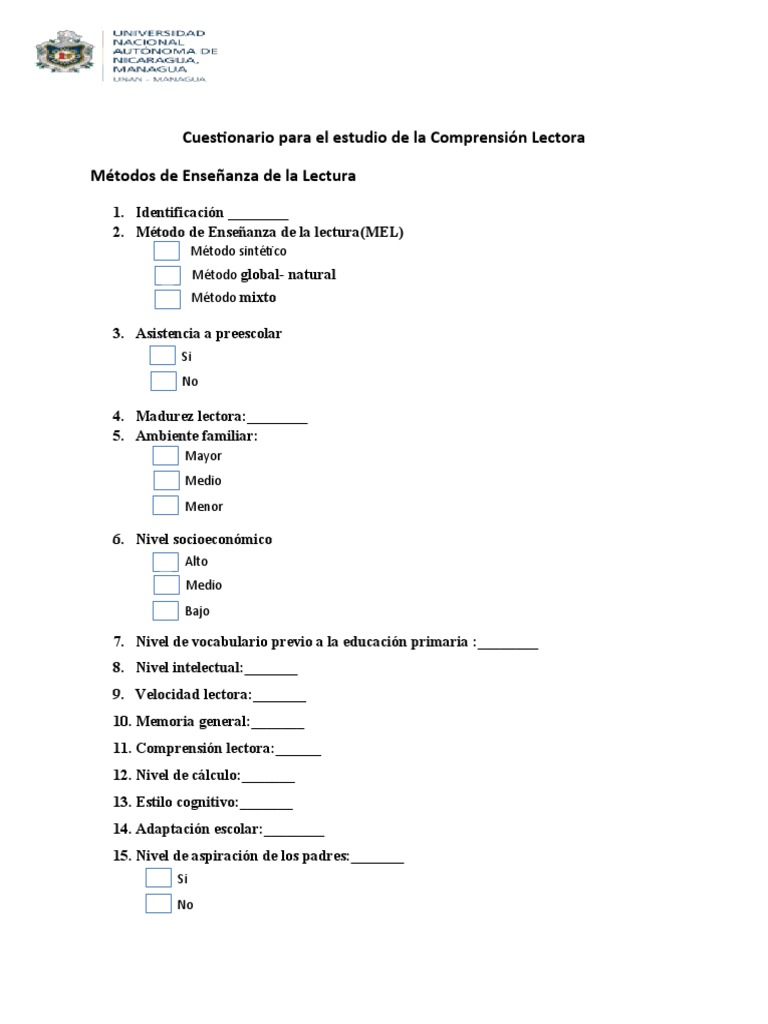 Cuestionario para El Estudio de La Comprensión Lectora Métodos de Enseñanza de La Lectura | PDF