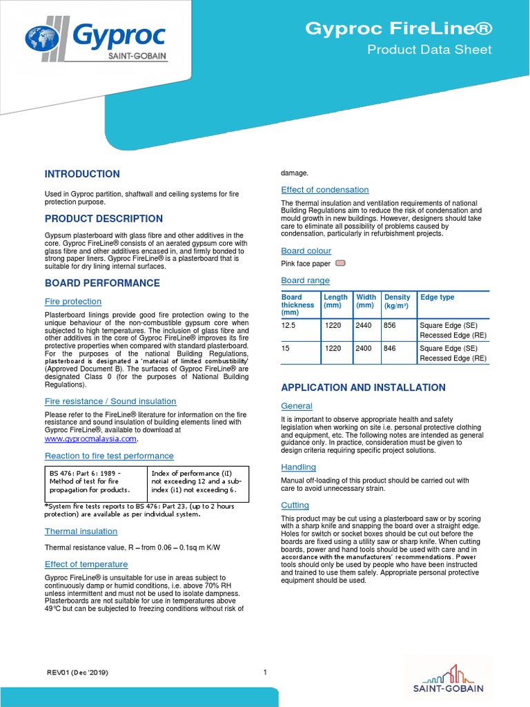 Gyproc Fireline®: Product Data Sheet | PDF | Drywall | Building Insulation