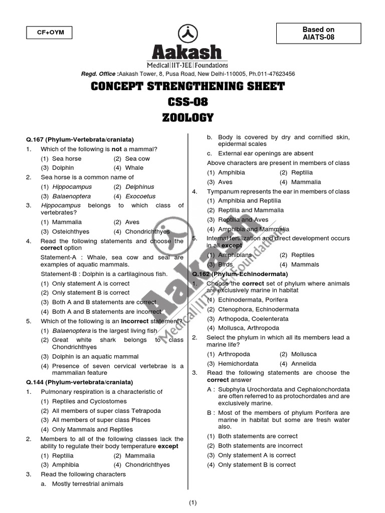 Concept Strengthening Sheet (CSS-08) - OYM - Zoology | PDF | Anatomy ... Concept Strengthening Sheet (CSS-08) - OYM - Zoology | PDF | Anatomy ...
