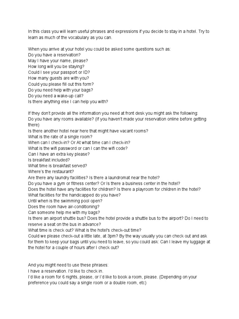 Hotel Vocabulary: Useful Phrases for Checking In, Requesting Amenities ...