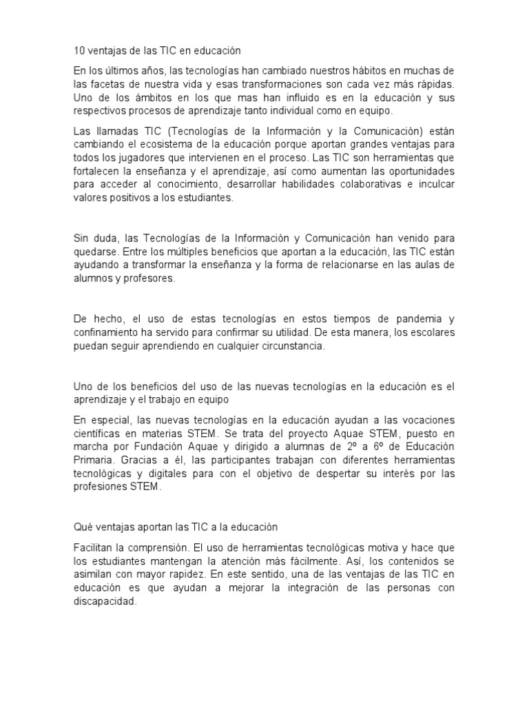 10 Ventajas de las TIC en Educación | PDF | Ciencias sociales