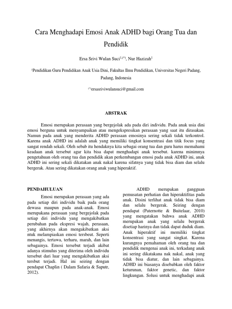 Cara Menghadapi Emosi Anak ADHD Bagi Orang Tua Dan Pendidik: Abstrak | PDF