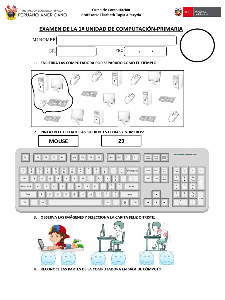 EXAMEN DE LA 1º UNIDAD DE COMPUTACIÓN_1ºPRIMARIA | PDF
