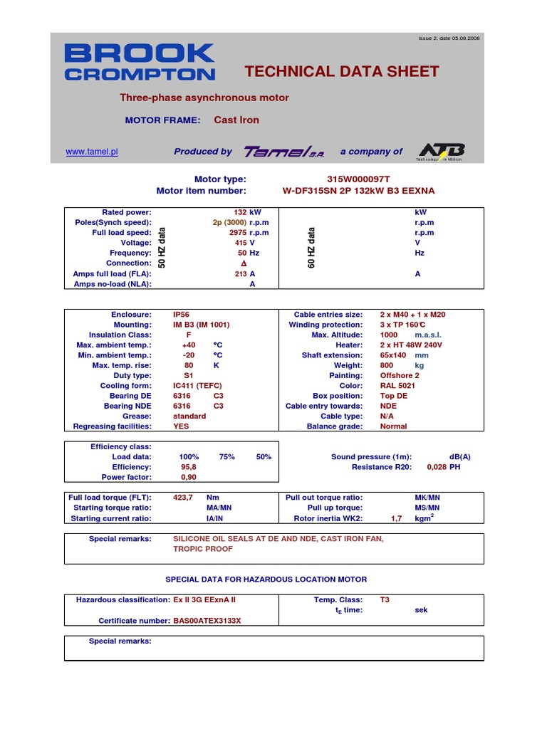 Technical Data Sheet: Three-Phase Asynchronous Motor | PDF | Electric ...