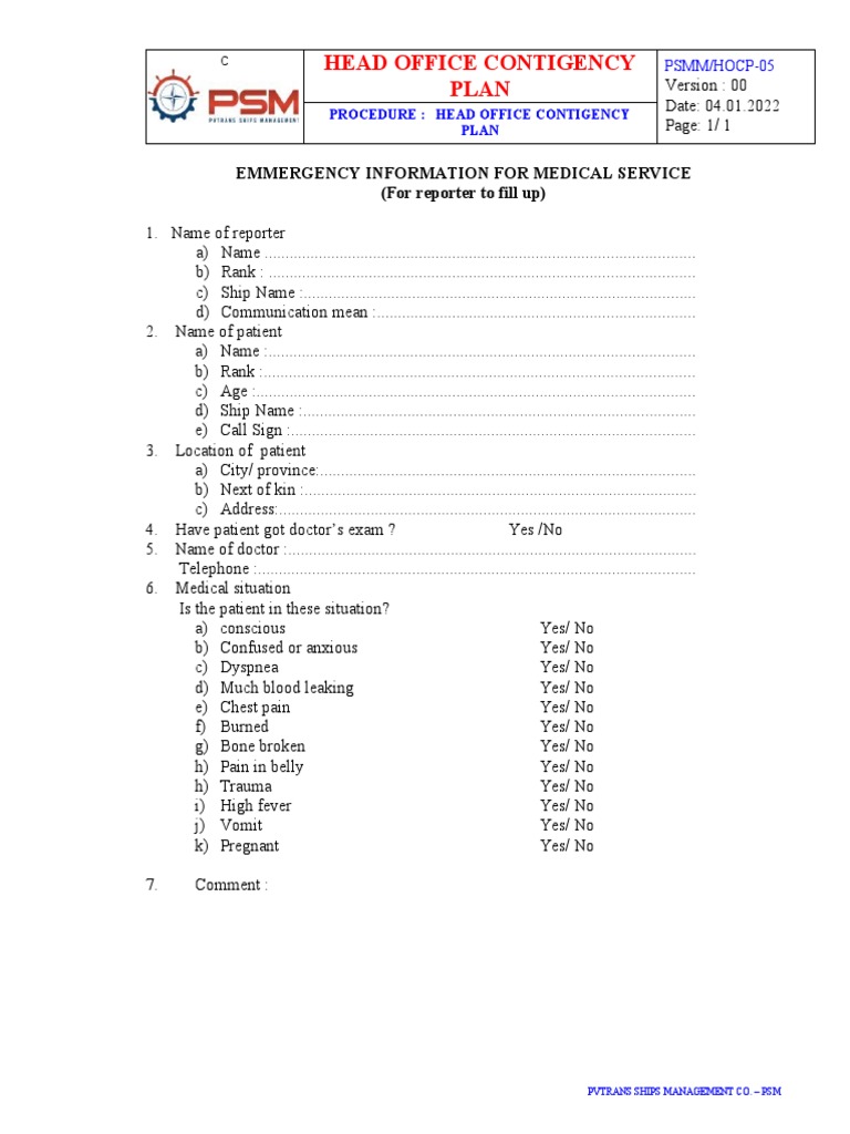 Psmm-Hocp-05-Emmergency Information For Medical Service | PDF ...