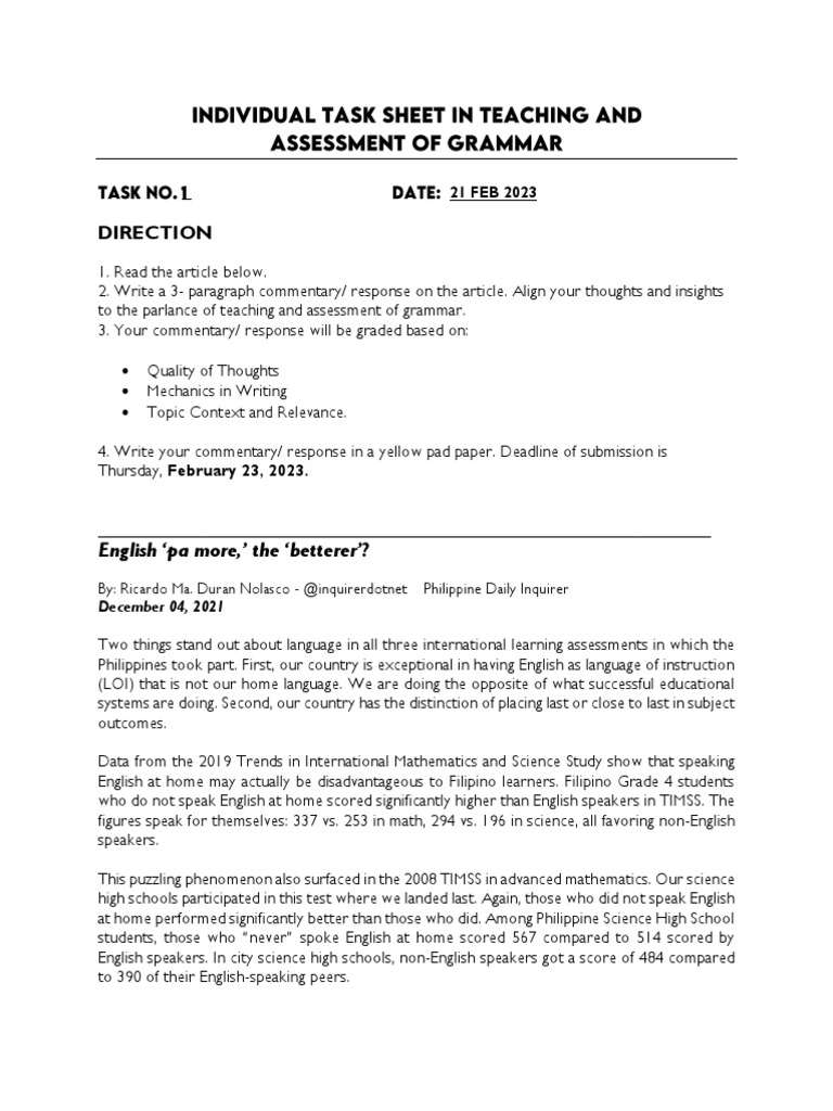 Task Sheet No. 1 in TAG | PDF | Second Language | First Language