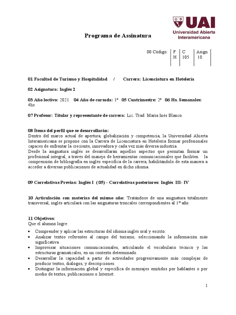 Programa Inglés 2 Hotelería 2021 | PDF | Evaluación | Gramática