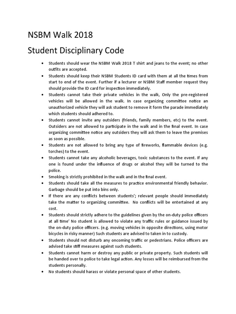 NSBM Walk 2018 Diciplinary Code | PDF | Justice | Crime & Violence