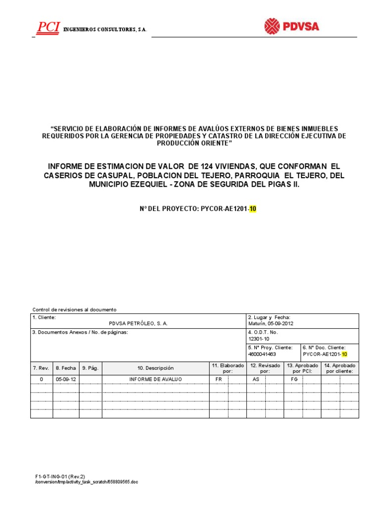 Formato PCI Informe Avalúo CASUPAL 2013 | PDF | Venezuela | Valoración (Finanzas)