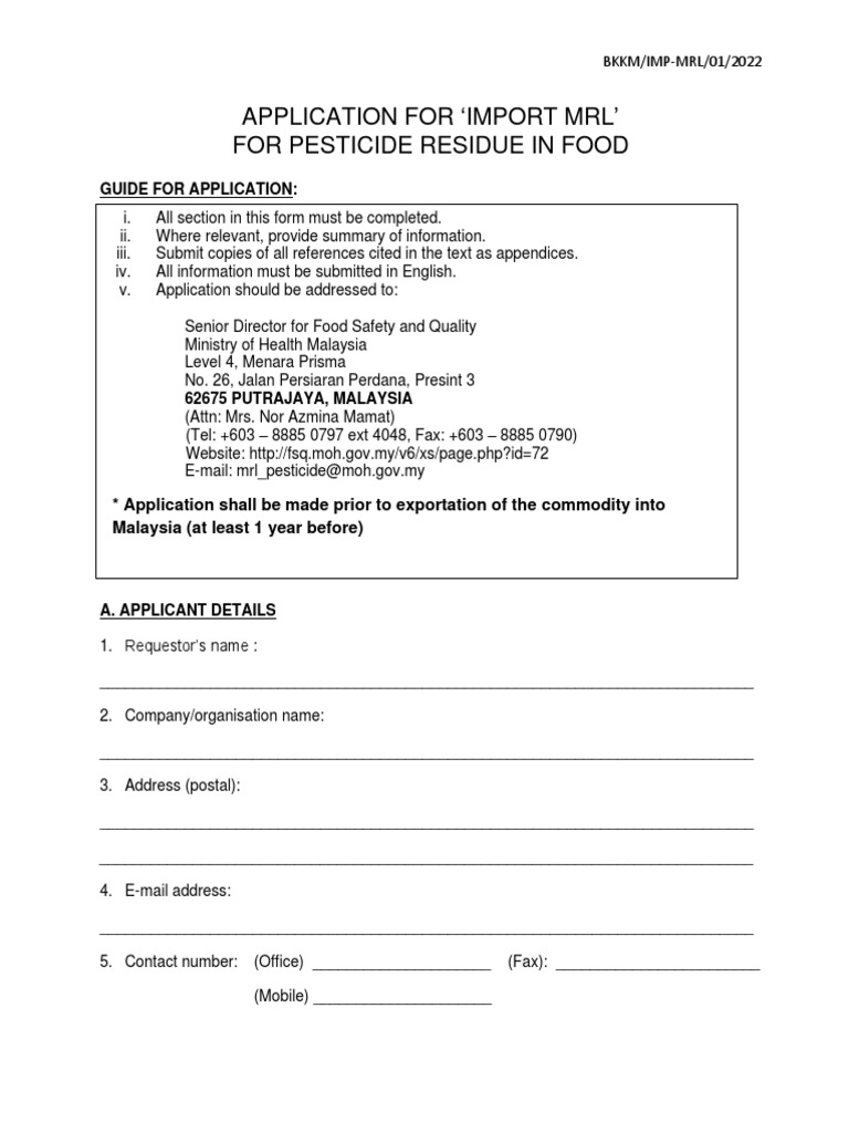 Application For Import MRL' For Pesticide Residue in Food | PDF ...