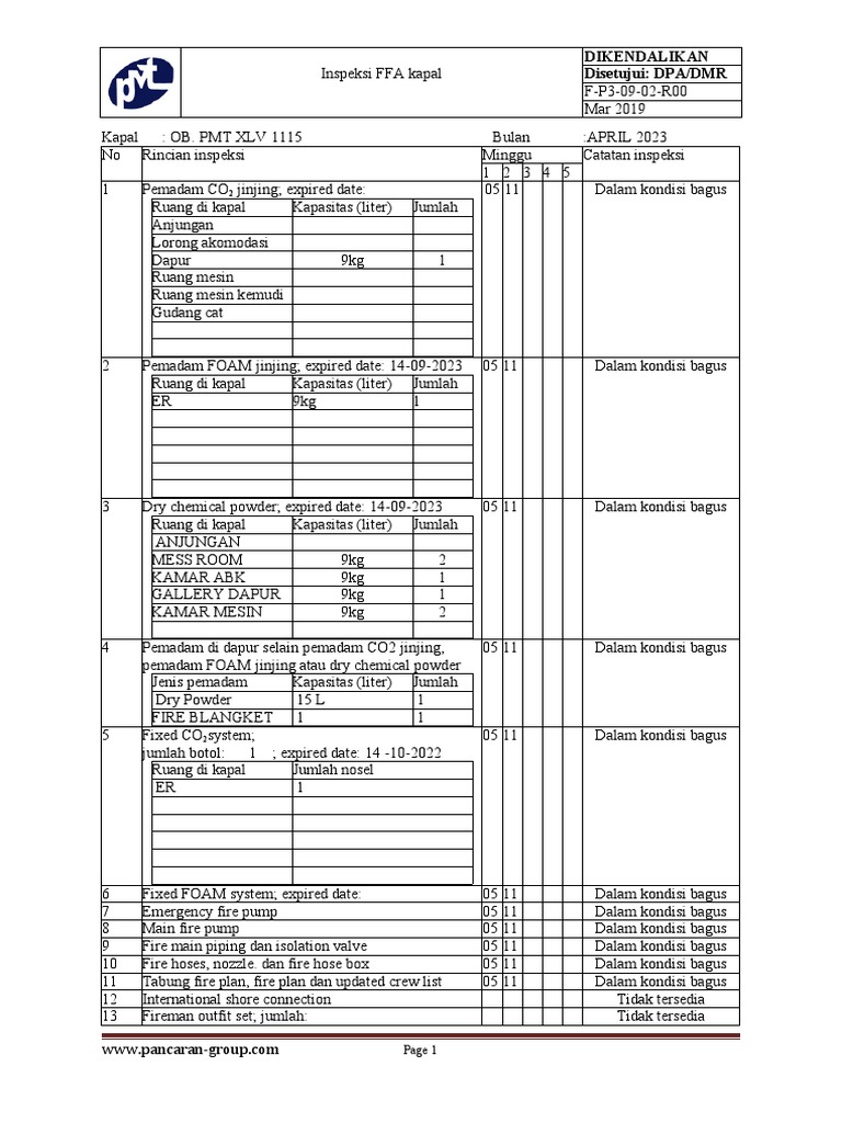 F-P3-09-02-R00 Inspeksi FFA Kapal OB | PDF