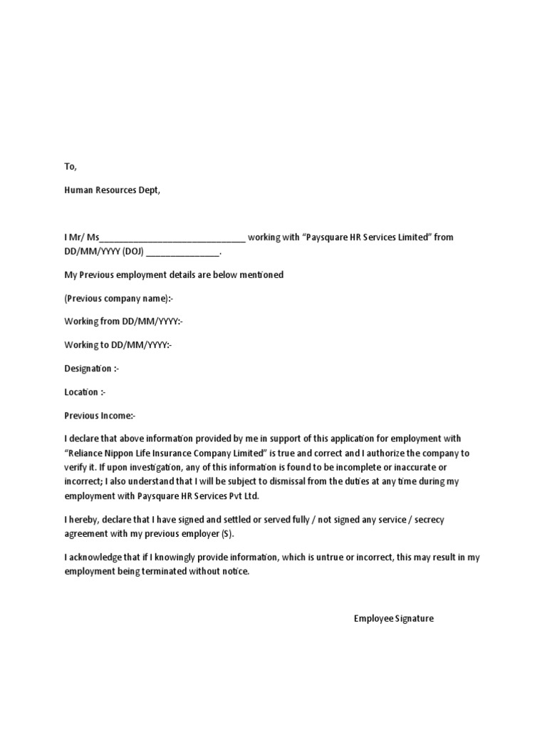 Employment Self-Declaration Letter | PDF