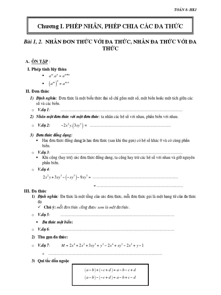 PHT- TOÁN 8- Đại số- Chương I- Bài 1 và 2- NHÂN ĐƠN THỨC, ĐA THỨC VỚI ĐA THỨC | PDF