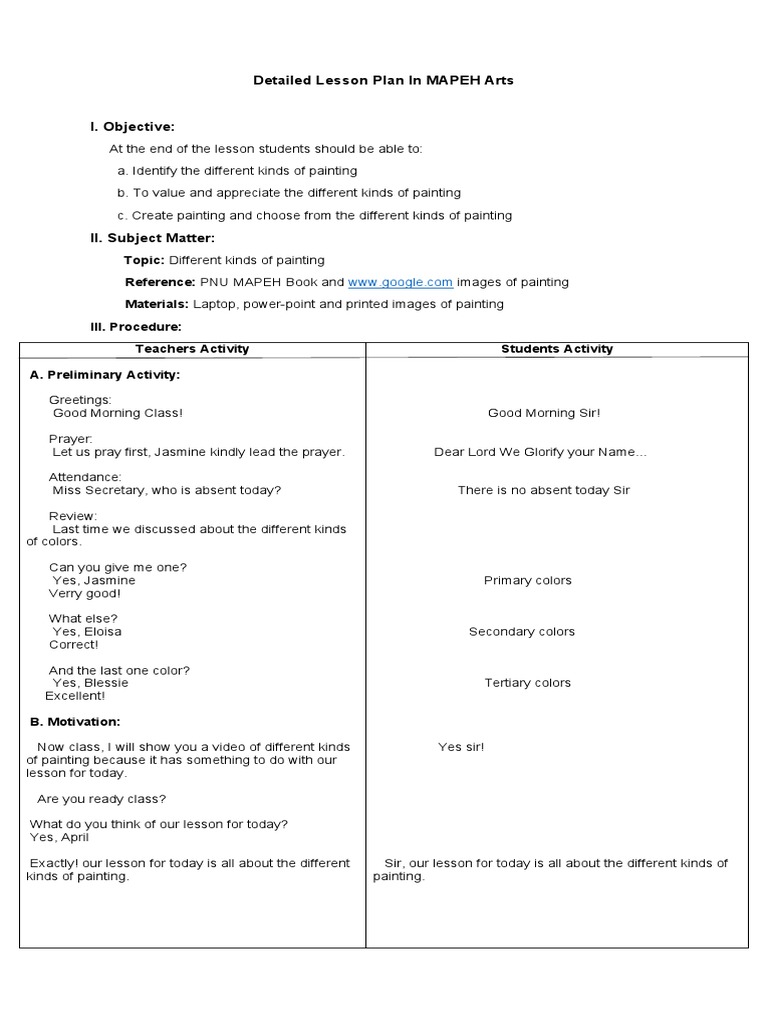 Detailed Lesson Plan in MAPEH Arts | PDF | Paintings | Paint