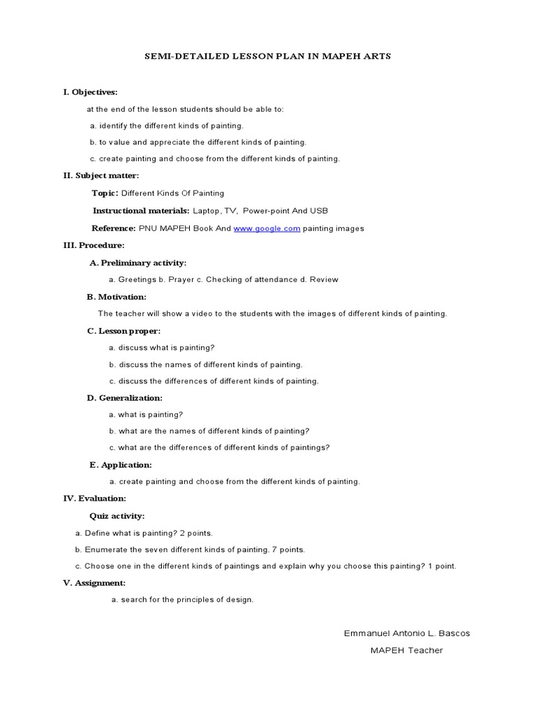 Semi-Detailed Lesson Plan: Painting | PDF | Art