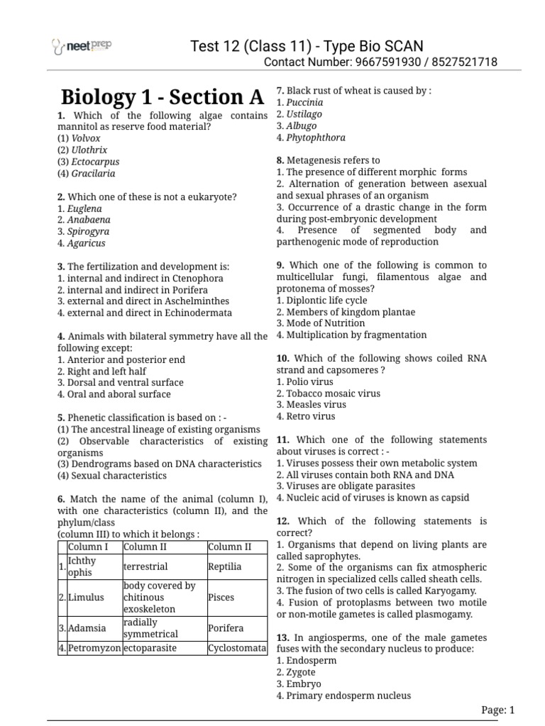 Test 12 (Class 11) - Type Bio SCAN | PDF | Meiosis | Cell (Biology)