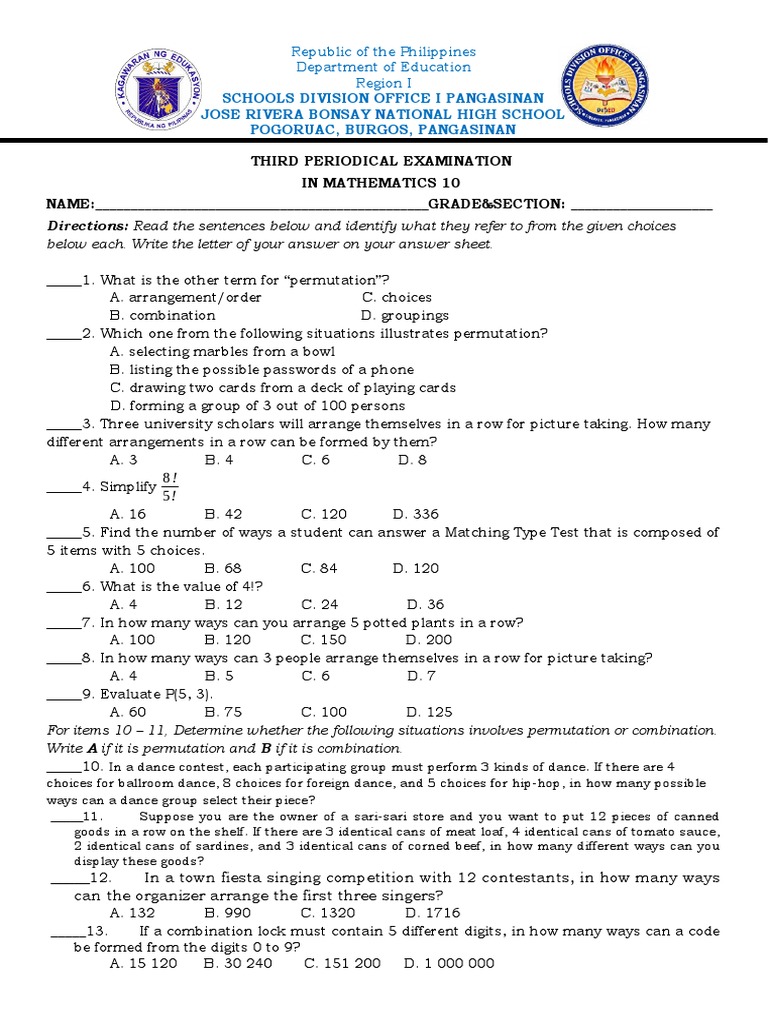 Mathematics 10 Third Periodical Examination on Permutations, Combinations, and Probability ...