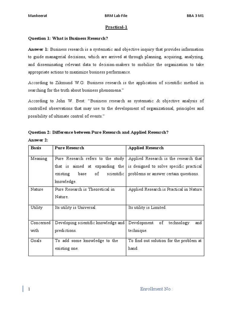 Mankeerat BRM Lab File Bba 3 M1: Enrollment No.: 02713701721 | PDF | Statistical Significance ...