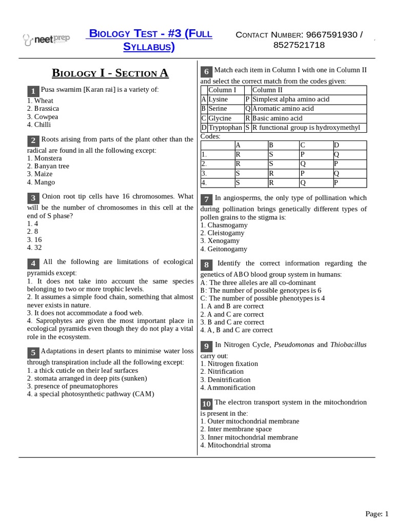 Biology 38 Chapter Full Syllabus Test 05 April From Masterclass | PDF ...