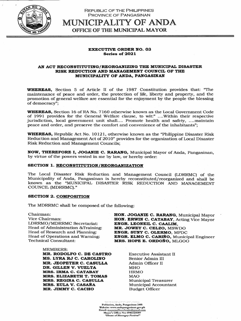 2021 Eo 0003 An Act Reconstituting Reorganizing The MDRRMC | PDF | Government | Political Science