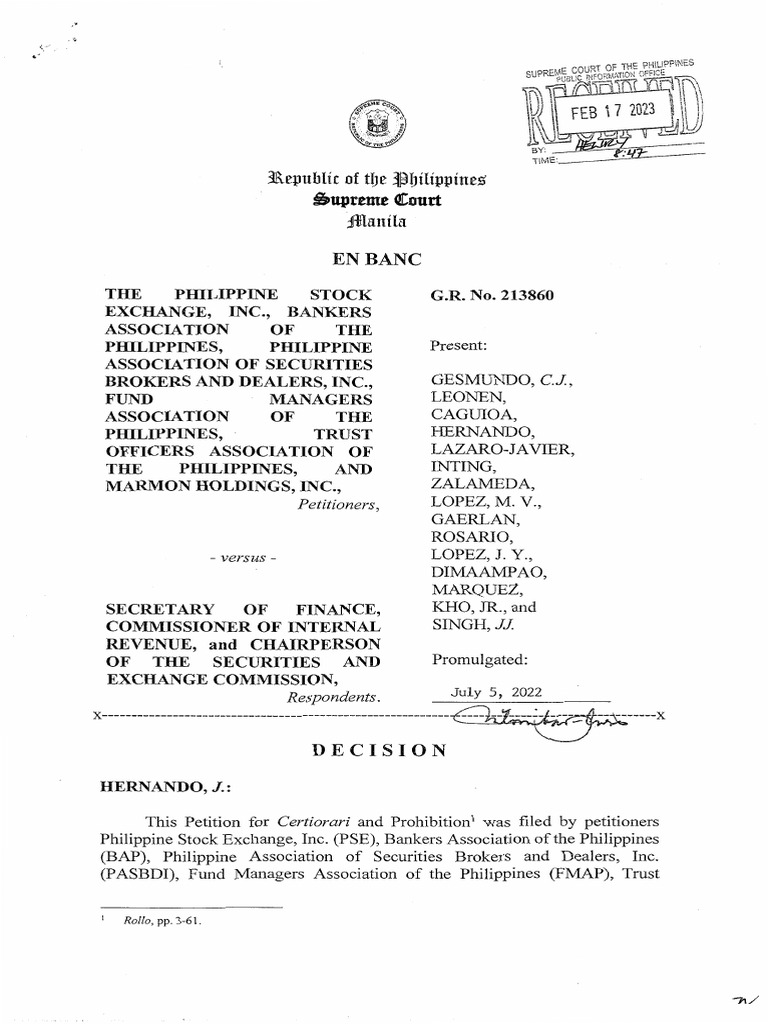PSE Et Al v. DOF BIR SEC-2023 | PDF | Standing (Law) | Securities (Finance)