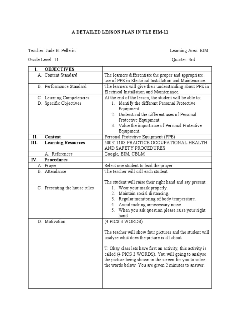 Edited - Detailed Lesson Plan (Pellerin) | PDF | Personal Protective ...