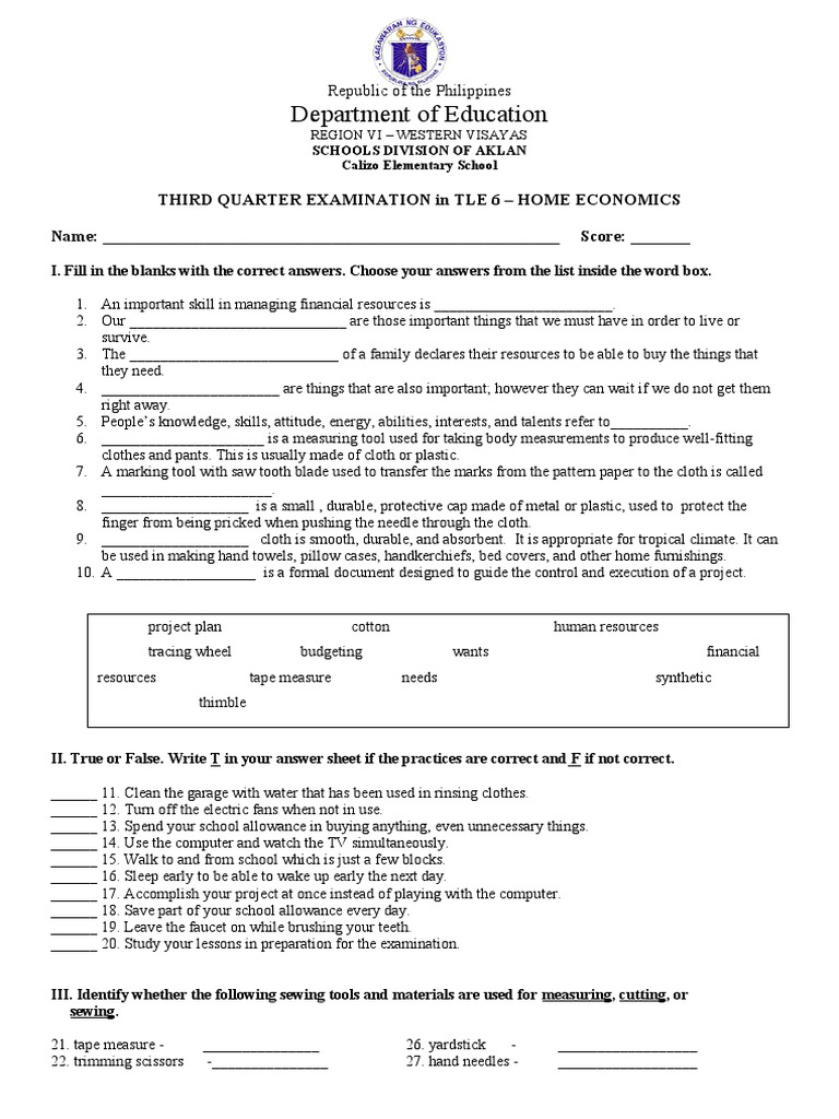 TLE 6 Home Economics Exam with Key | PDF | Income | Budget