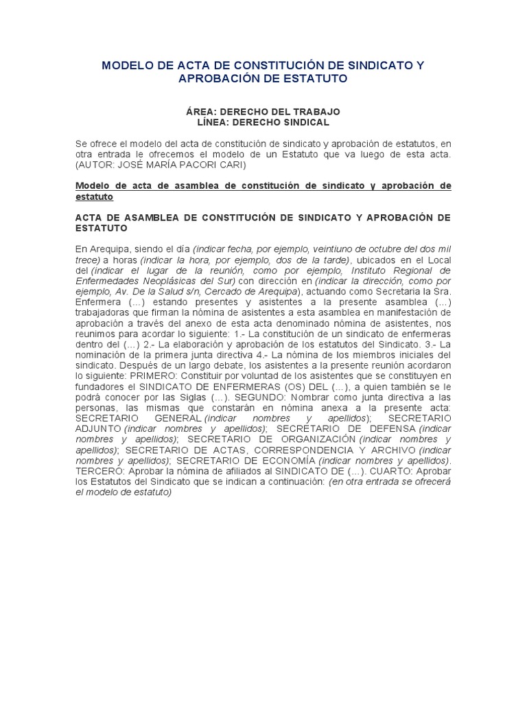 9 - Modelo de Acta de Constitución de Sindicato y Aprobación de ... 9 - Modelo de Acta de Constitución de Sindicato y Aprobación de ...