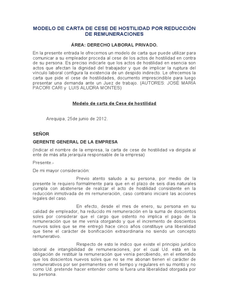 11 - Modelo de Carta de Cese de Hostilidad Por Reducción de ...