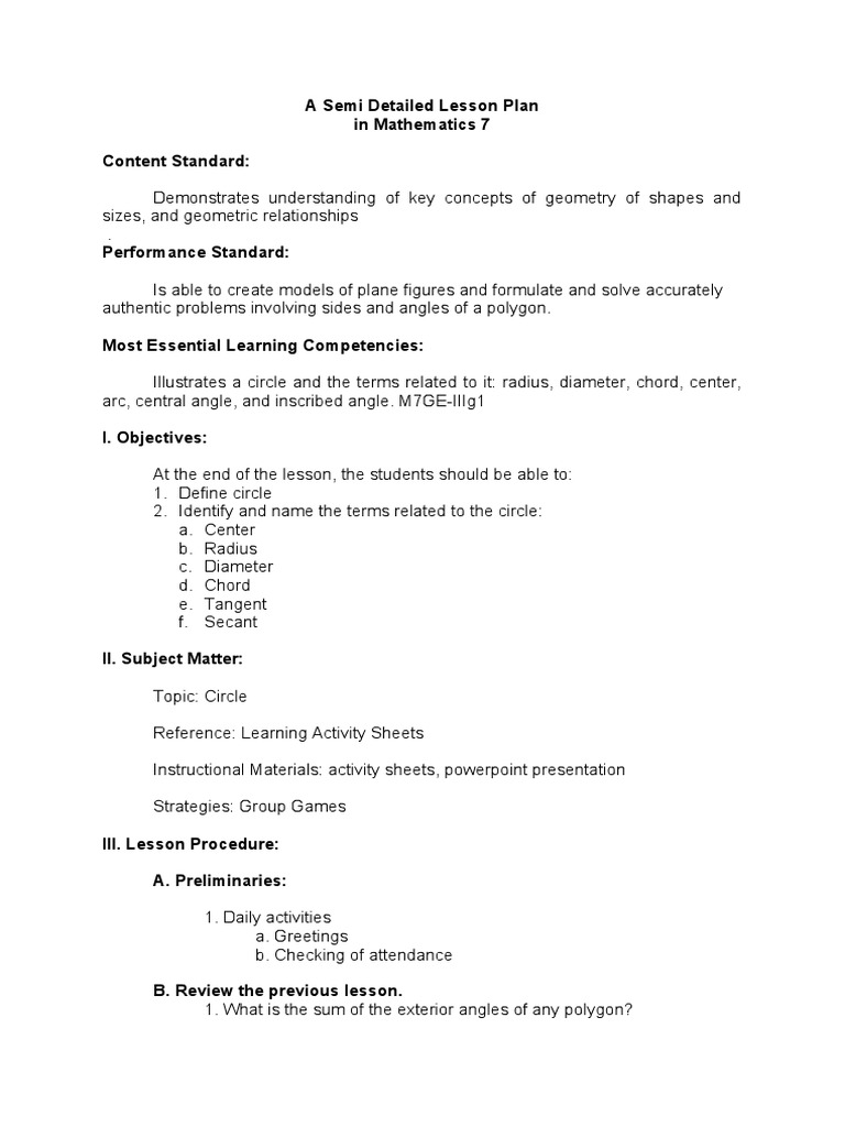 Grade 7 Lesson Plan: Understanding Circles | PDF | Circle | Euclidean ...