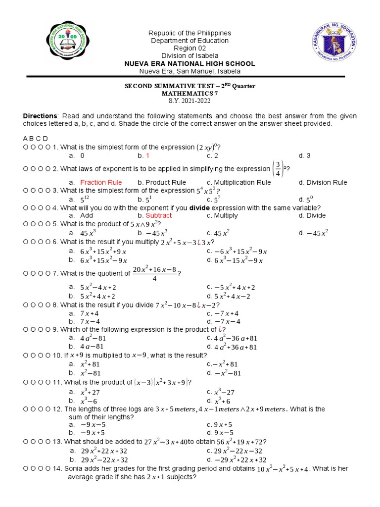 Math 7 Second Summative Test 2nd Quarter | PDF | Multiplication | Equations