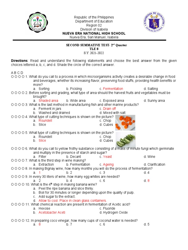 TLE 8 Second Quarter Summative Test | PDF | Pickling | Fermentation