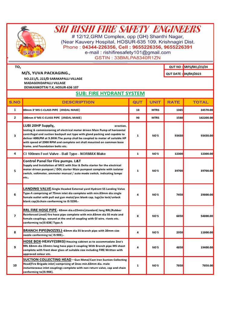 Yuva Packaging Fire Hydrant Quotation | PDF | Valve | Pipe (Fluid ...