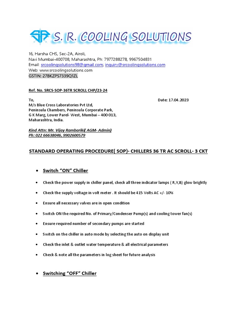 Standard Operating Procedure (Sop) - Chillers 36 TR Ac Scroll - 3 CKT ...