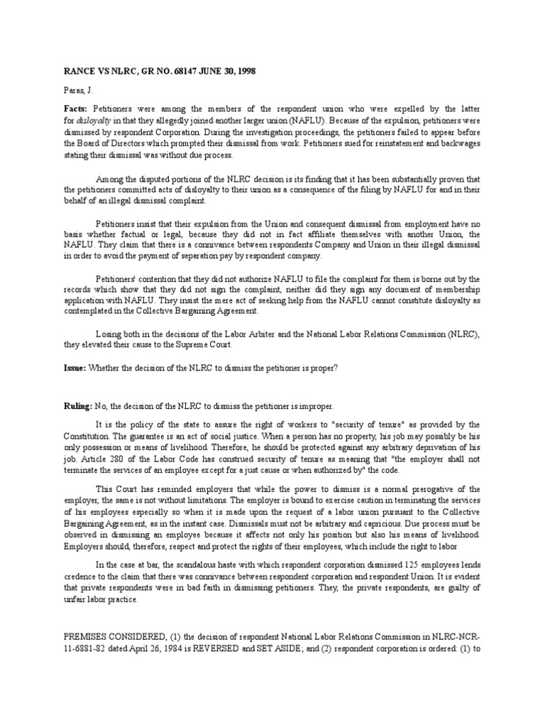 Rance VS NLRC | PDF | Employment | Complaint