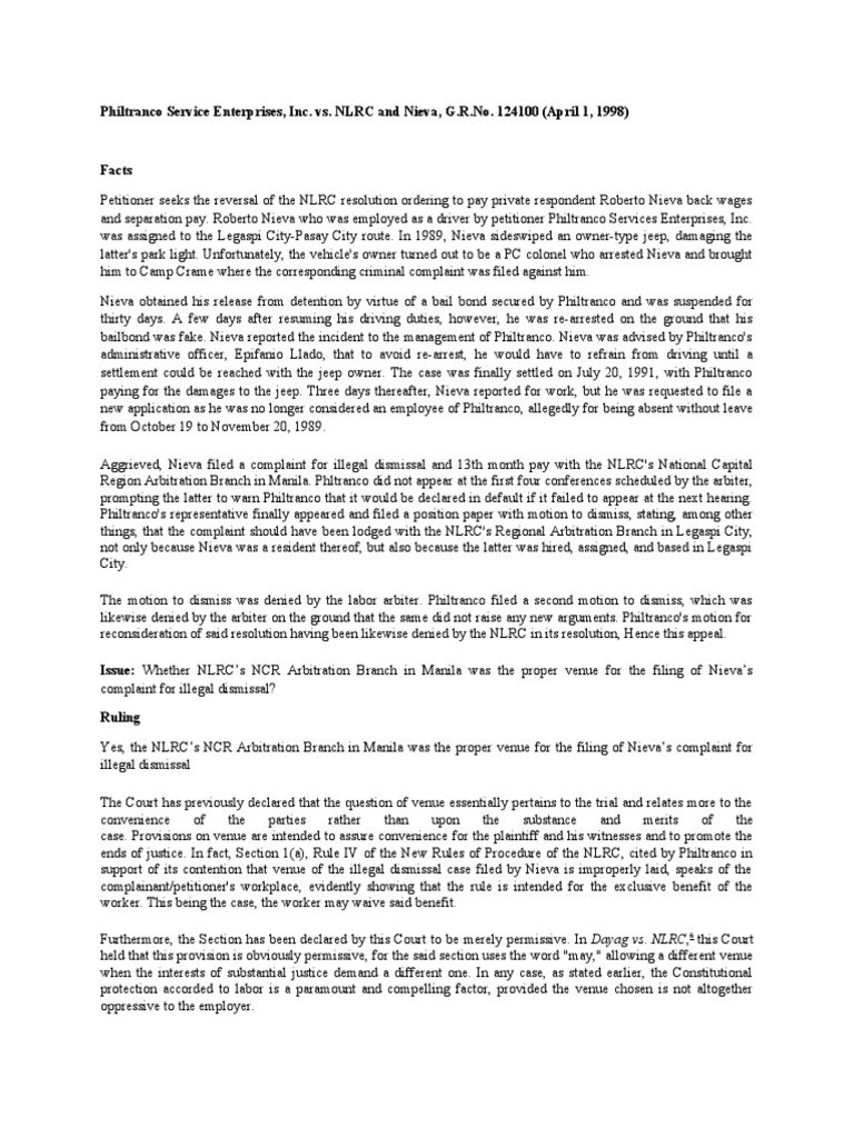 Philtranco Service Enterprises Vs NLRC and Nieva | PDF | Complaint | Arbitral Tribunal