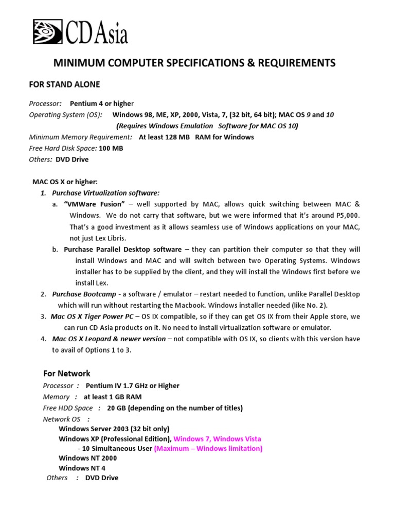 CDA Asia Minimum Computer Specs | PDF