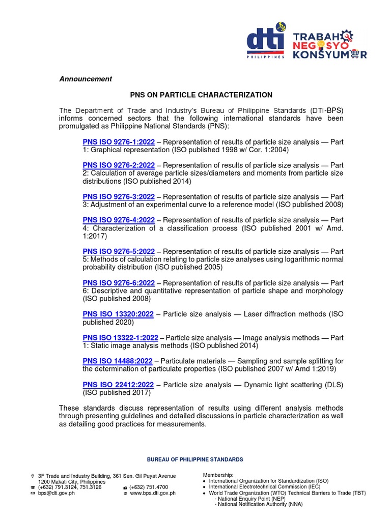 Announcement: PNS ISO 9276-1:2022 | PDF | Particle Size | Physical Sciences