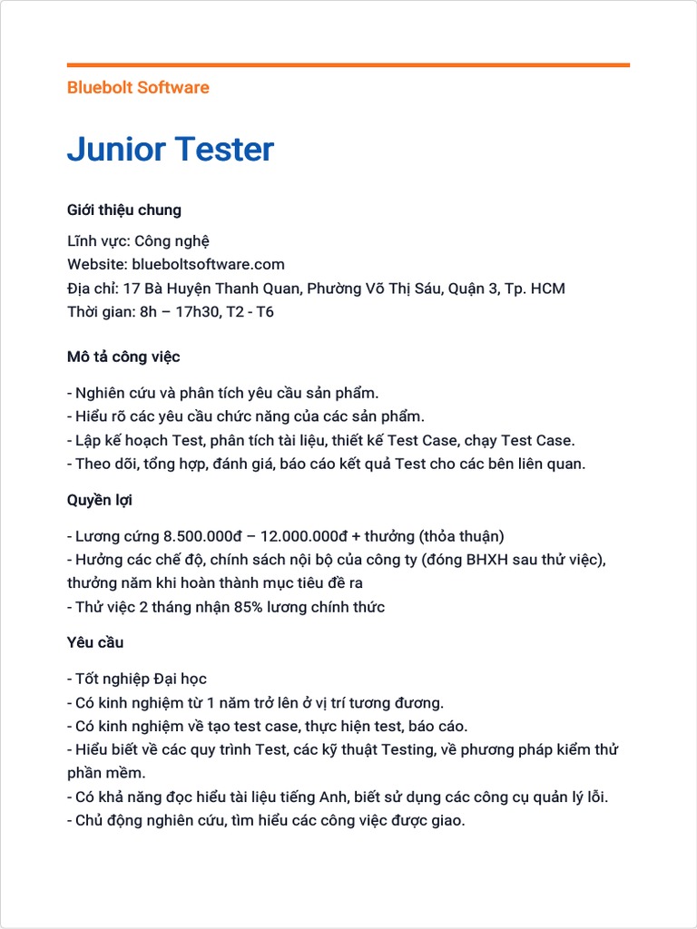 Junior Tester Junior Tester: Bluebolt Software Bluebolt Software | PDF