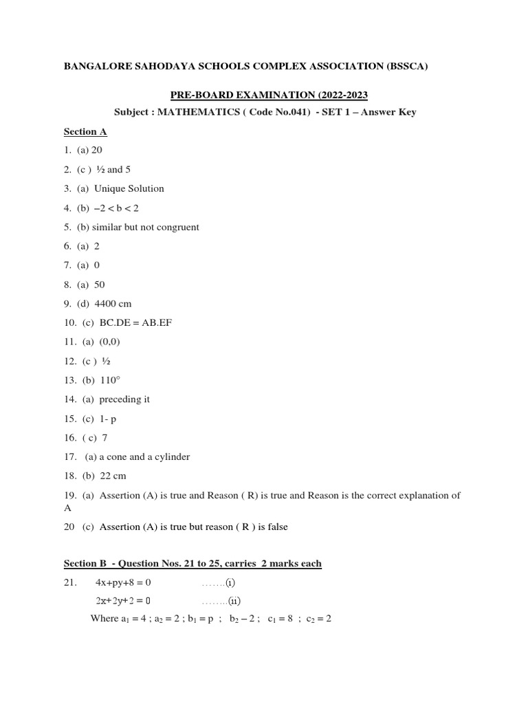 Subject: MATHEMATICS (Code No.041) - SET 1 - Answer Key Section A | PDF ...