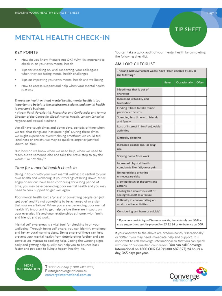 Mental Health Check in Tip Sheet | PDF | Mental Disorder | Mental Health