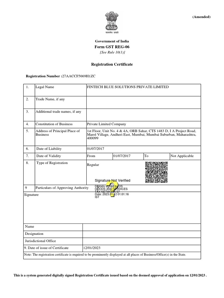GST Registration Certificate Sample | PDF | Mumbai | Government
