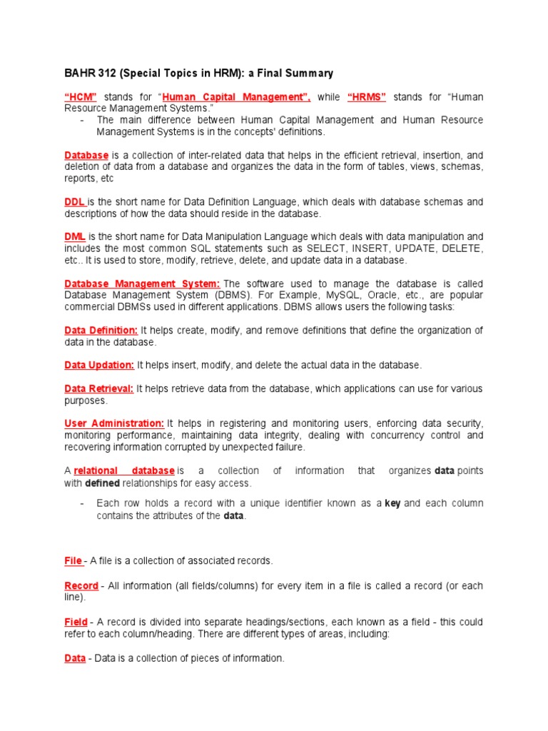 BAHRE 312 Final Summary | PDF | Databases | Computing