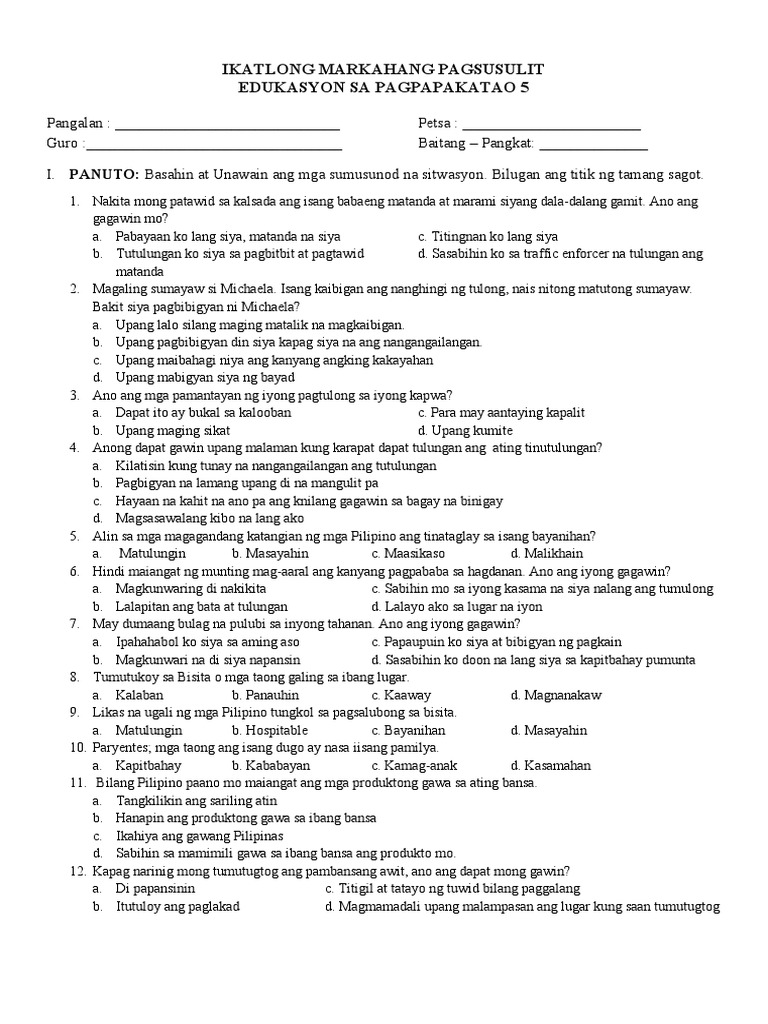 IKATLONG MARKAHANG PAGSUSULIT sa esp | PDF IKATLONG MARKAHANG PAGSUSULIT sa esp | PDF
