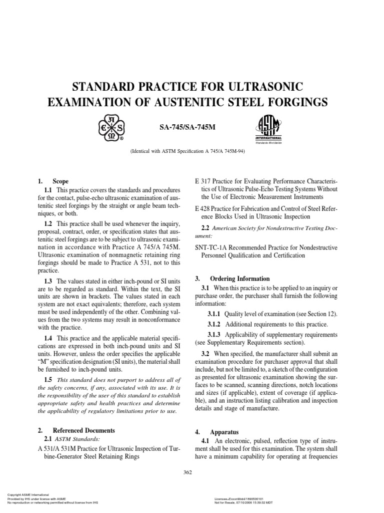 Standard Practice For Ultrasonic Examination of Austenitic Steel ...