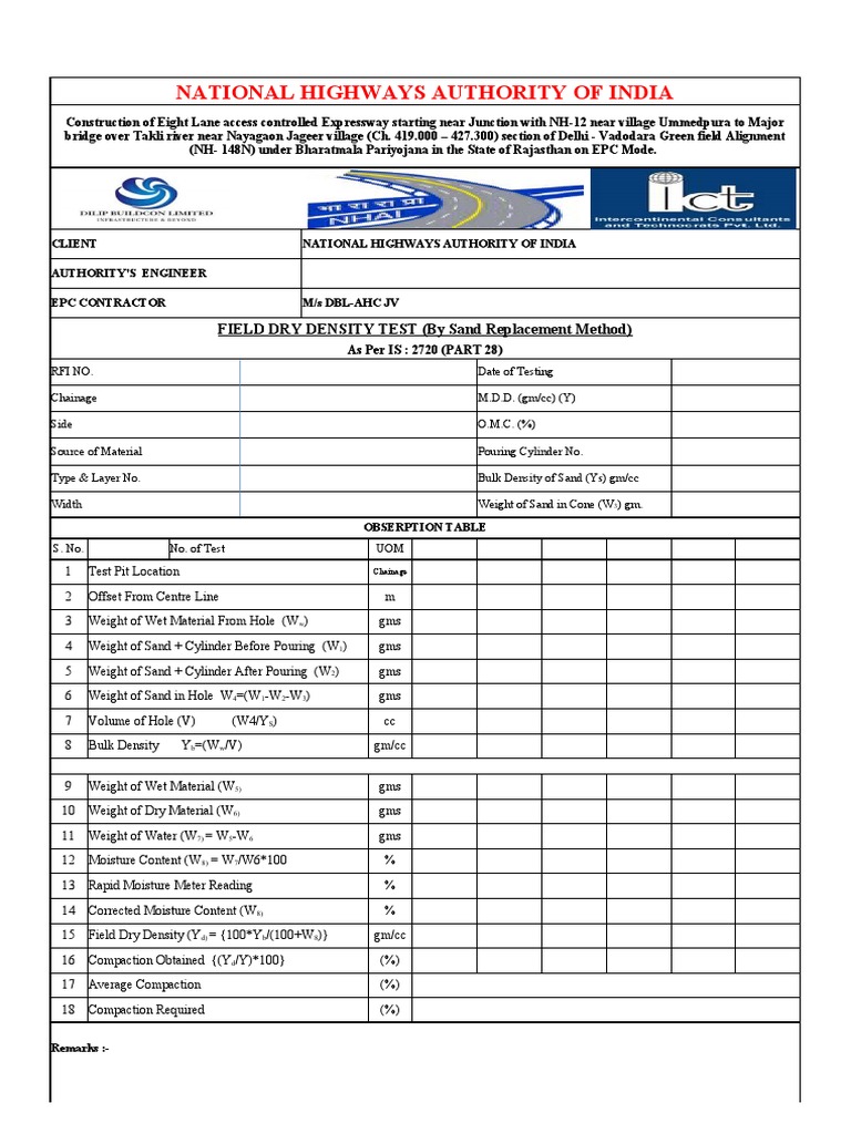 National Highways Authority of India: FIELD DRY DENSITY TEST (By Sand ...
