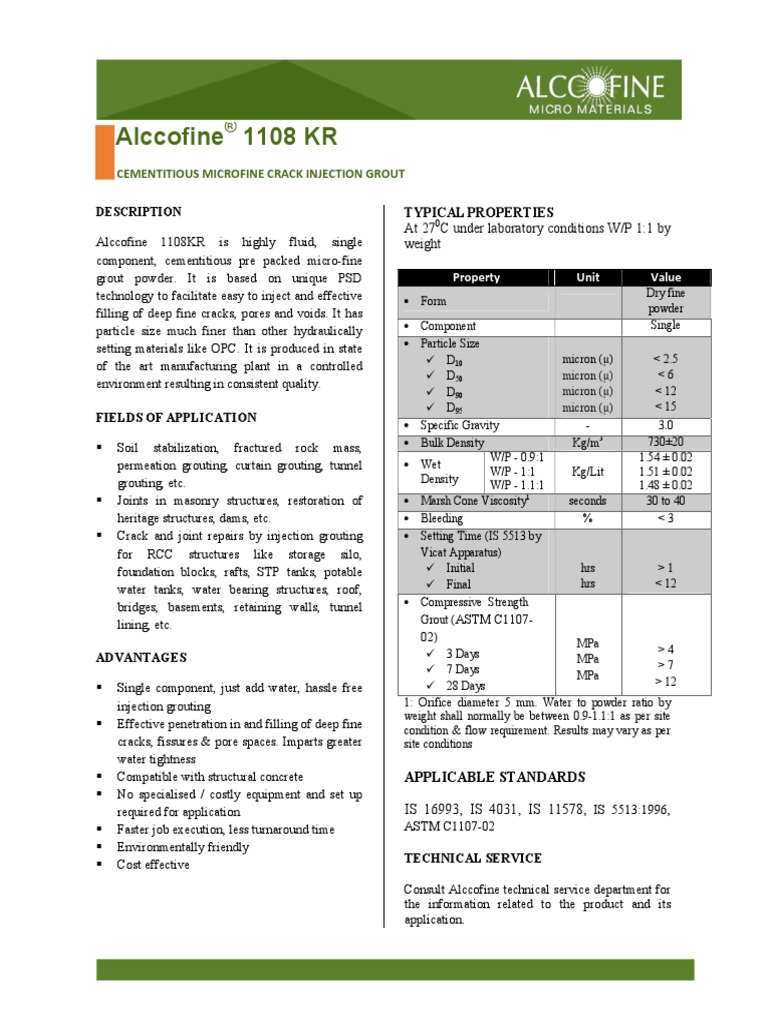 Alccofine 1108 KR TDS V2 | PDF | Concrete | Water