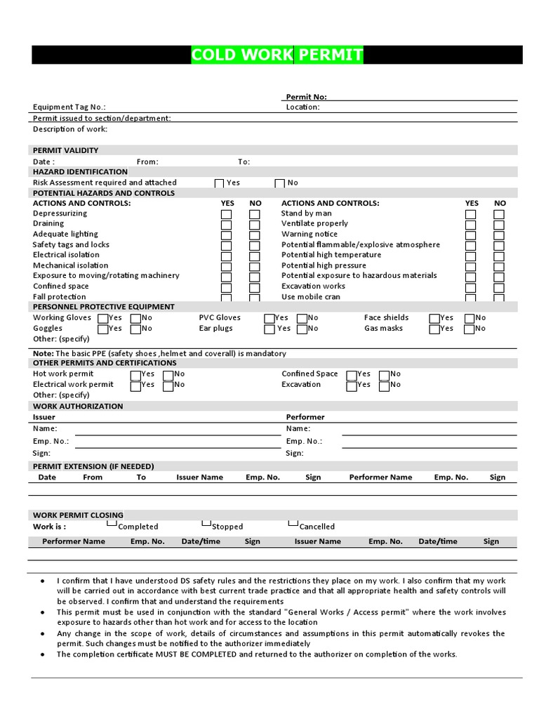Cold Work Permit | PDF | Personal Protective Equipment | Safety